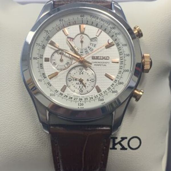 Seiko SPC129P1 Men Neo Classic Watch Alarm Perpetual Chronograph Brown ...