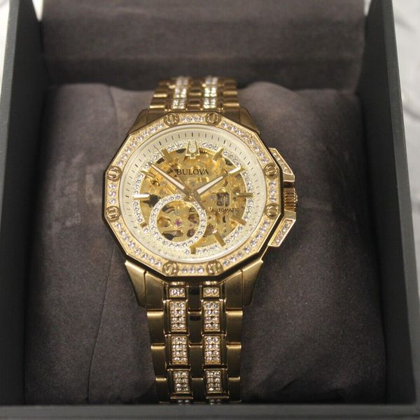BULOVA MEN'S OCTAVA AUTOMATIC GOLD DAZZLING CRYSTALS GOLD DIAL WATCH ...