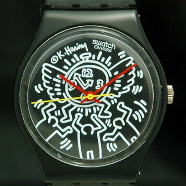 1986 Keith Haring SWATCH WATCH Blanc Sur Noir GZ104 Art Special LE 9999 ...