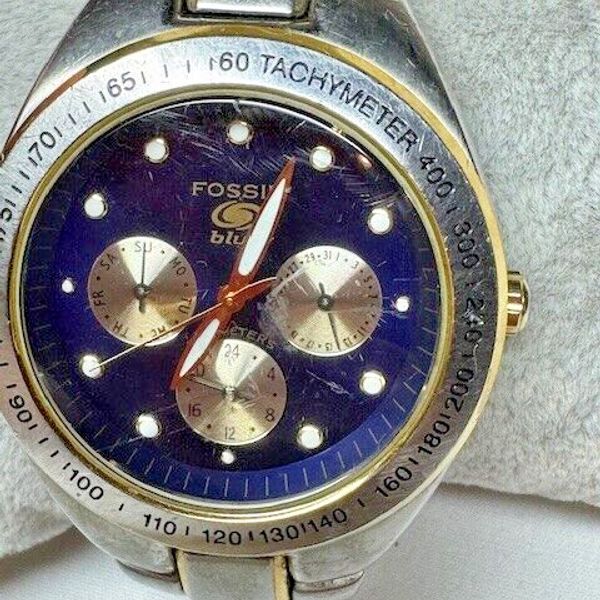 Vintage Men's Fossil Blue BQ-9067 Tachymeter Two Tone Quartz Watch New ...