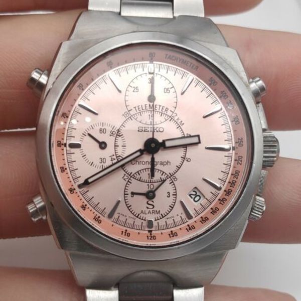 Seiko 7T32-9000 Alarm Chronograph Quartz Watch Pink Salmon Telemeter ...