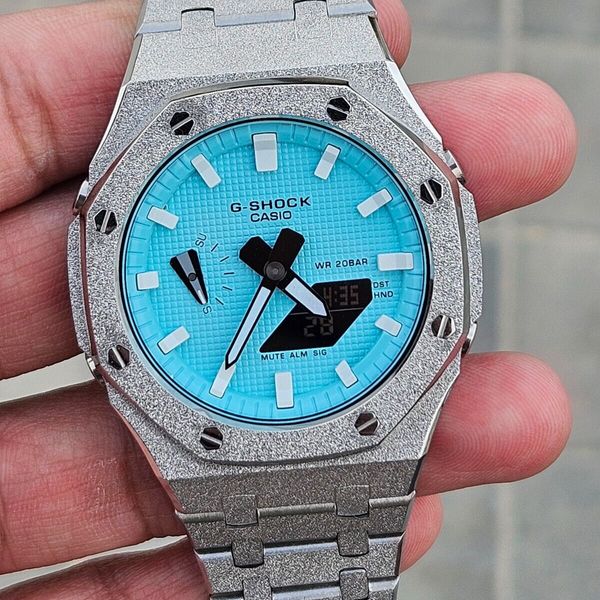 Custom Casio G-Shock GA-2100 Aqua Blue Dial | Full Metal Mod | Icy ...