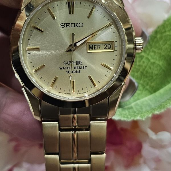 Seiko Gold Square Dial Men's Quartz Tank Fullset Bracelet Watch Date ...