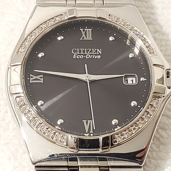 Citizen Eco Drive Diamonds Bezel Black Dial Men's Stainless Steel Date ...