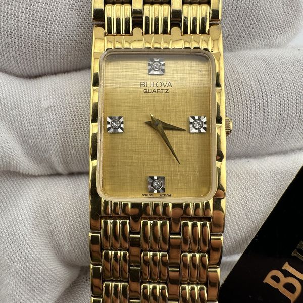 Bulova Quartz Gold-tone Diamond Dial Men's Rectangle Dress Watch 97D04 ...