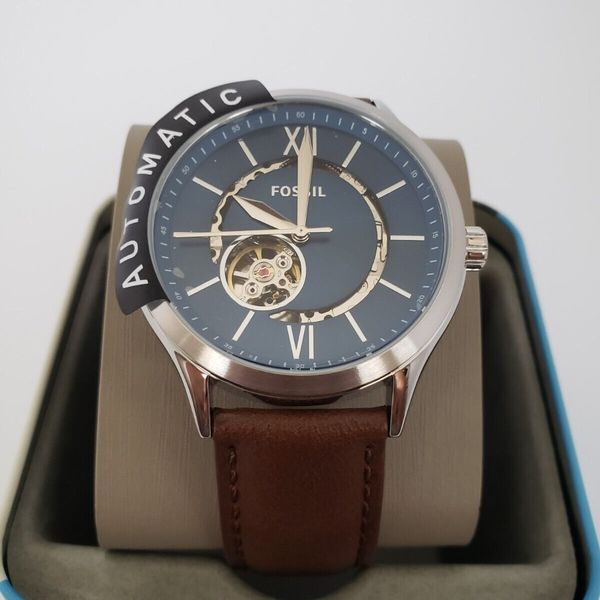 Fossil Fenmore Men's Automatic Blue Dial Brown Leather 44 mm Watch NIB ...
