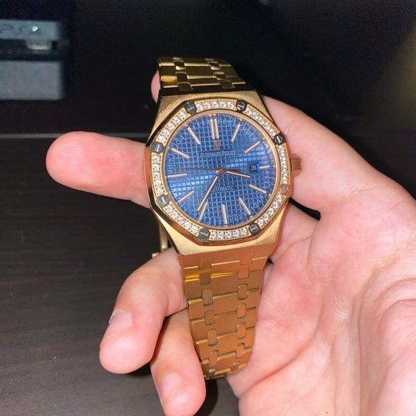Audemars Piguet Royal Oak Rose Gold Blue Face Iced Dial GOOD CONDITION ...