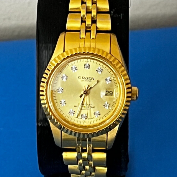 Gruen Gold Tone Quartz Woman Watch 321-2015 W diamonds New Battery ...