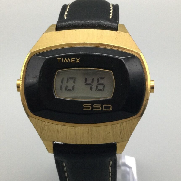 Vintage Timex SSQ Digital Watch Men 38mm Gold Tone Leather Band New ...