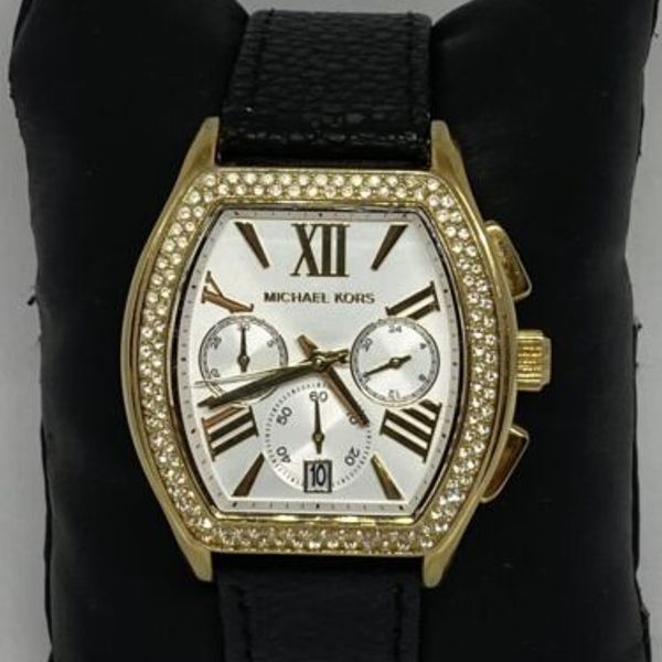 Michael Kors Amherst MK5898 Women's Black Leather Analog Dial Quartz ...