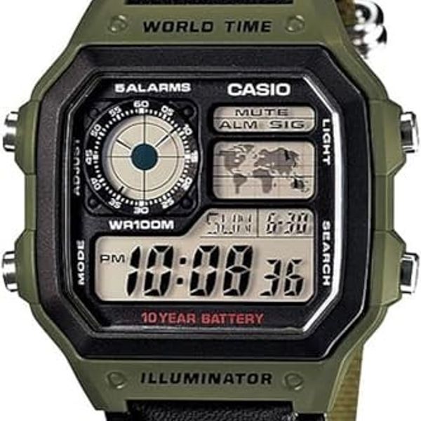 CASIO AE-1200WHB-3BV World Time Digital Watch Green Military Style 100M ...