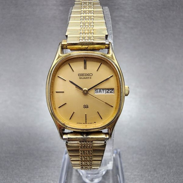 VTG Seiko SQ Watch Women 22mm Gold Dial Gold Tone Daydate Oval 3423-5040 NewBatt | WatchCharts ...