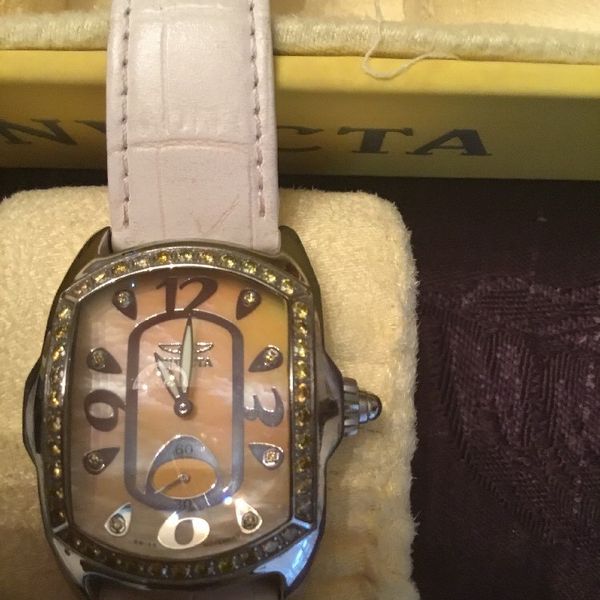 Invicta Women's Rare Lupah White MOP Dial White-Yellow Diamond Leather ...