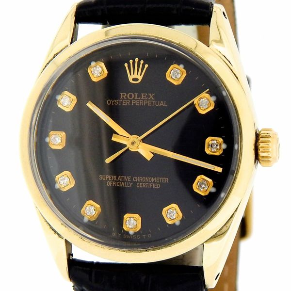 Rolex Oyster Perpetual No-Date Mens 14K Gold Shell Watch Black Diamond ...