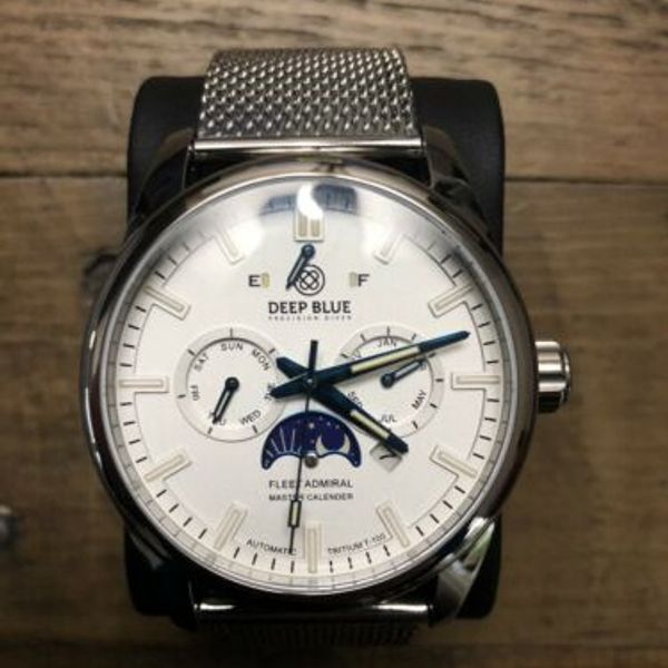 DEEP BLUE FLEET ADMIRAL Watch Auto Calendar 100m WR Polished SS CASE ...