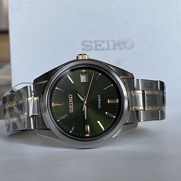 SEIKO Quartz TITANIUM ESSENTIALS Two-Tone Green Dial Men's Watch ...
