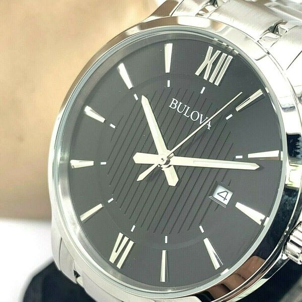 Bulova 96B278 Men's Watch Black Dial Date Silver Tone Stainless Steel ...