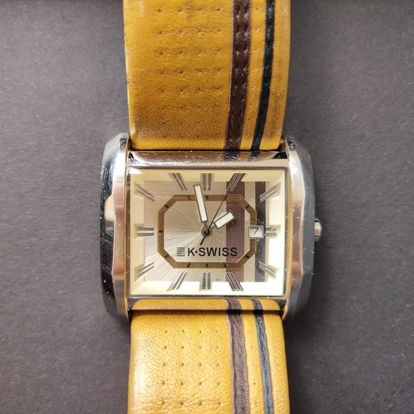 K-SWISS Men's Rectangular Stainless Steel Watch with Genuine Leather ...
