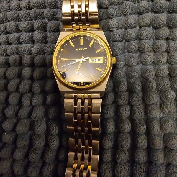 Seiko V743-9020 blue dial day date quartz stainless steel and gold plate vintage | WatchCharts ...