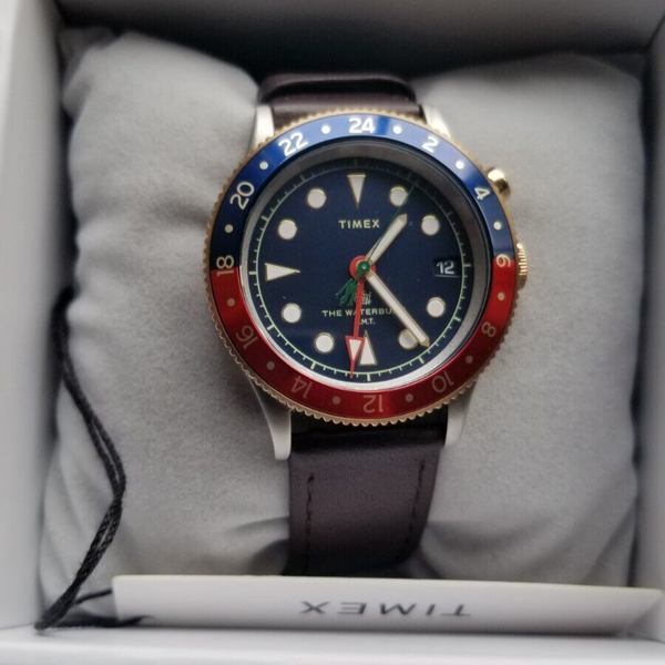 Timex Waterbury Traditional GMT Blue Red Gold Bezel 39mm Watch ...