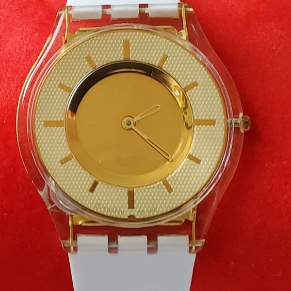 SWATCH AUTHENTIC Gold SKIN THINE SFK155 QUARTZ WATCH 2001 clear see ...