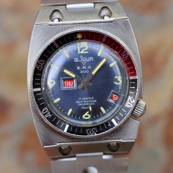 SOLD 1960's LeJour ZRC 300 French Dive Sunburst Blue Dial, Yellow ...