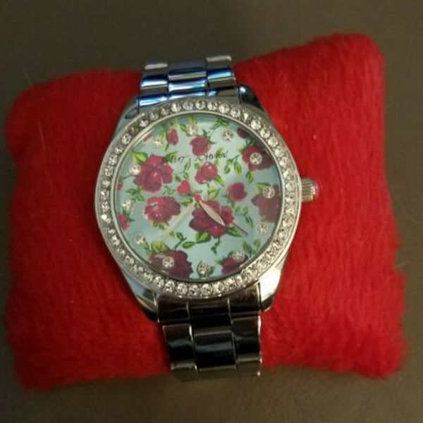 Betsey Johnson Silvertoned Watch Green Face With Roses. New Battery ...