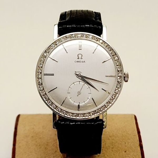 Vintage Omega 18K White Gold Diamond Dial Wind Up Watch Leather Band ...