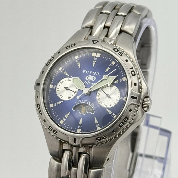 Men's FOSSIL All Steel Bracelet Watch, Blue Dial, Moon Phase, 35mm ...