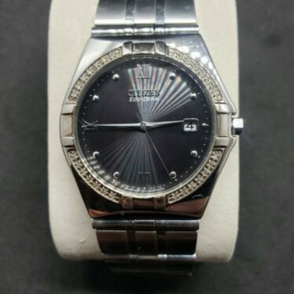 CITIZEN Eco-Drive DIAMOND Black Dial Stainless Men's Dress Watch E110 ...