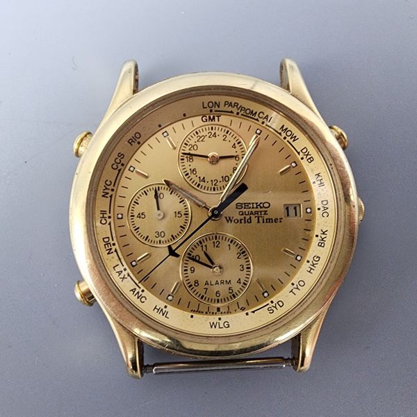 VTG Seiko World Time Watch Men Gold Tone Gold Dial Date READ!!!! 38mm ...