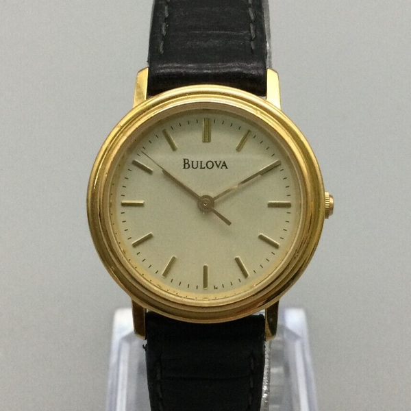 Vintage Bulova Watch Women 26mm Gold Tone 1998 Black Leather Band New ...