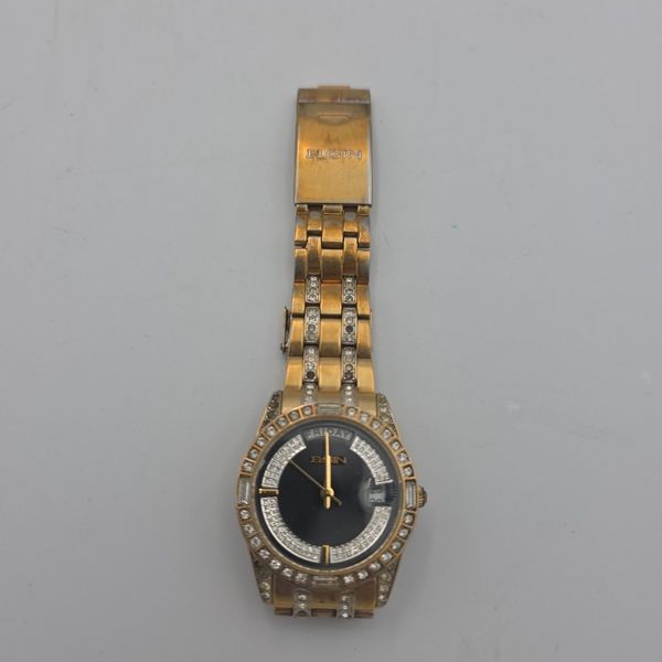 Elgin FG 131N Gold/diamond Tone Wristwatch Watch Mens Black Day & Date ...