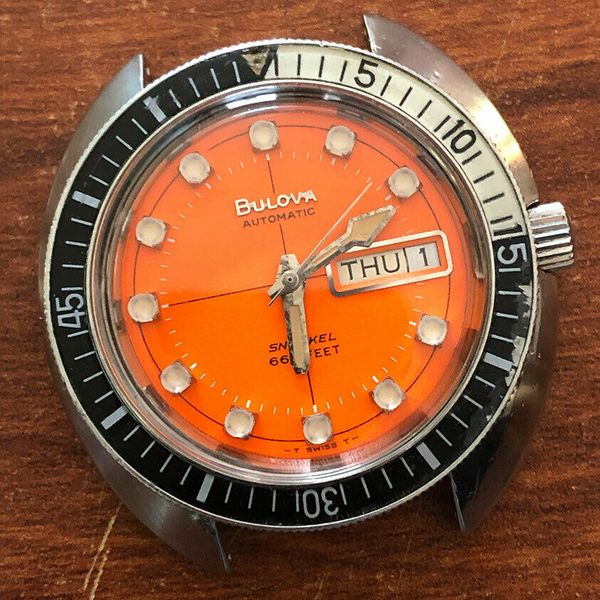 Bulova Automatic Oceanographer Snorkel 666 ft. Orange Dial 40mm 1971 ...