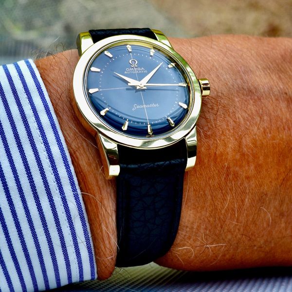 MEN'S OMEGA SEAMASTER AUTO 354 14K GOLD CAP Dk BLUE + HAIR DIAL 1952 ...