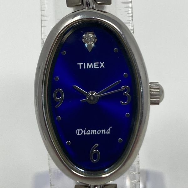 Timex Diamond Watch Women 17mm Silver Tone Blue Dial Oval New Battery 6 ...