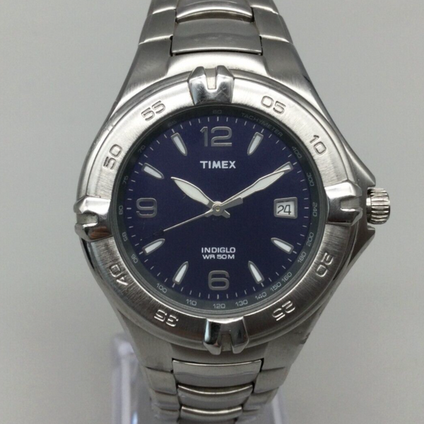 Vtg Timex Watch Men 40mm Silver Tone Tachymeter Date Indiglo New ...