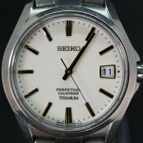 SEIKO PERPETUAL CALENDAR QUARTZ WRISTWATCH Titanium 8F32-0400 VeryGood ...