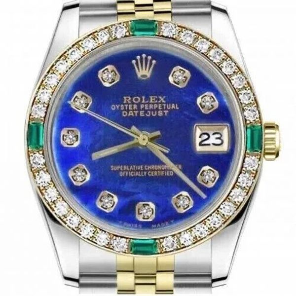 36 mm Rolex Datejust Blue Mother Of Pearl Diamond Dial Emerald ...