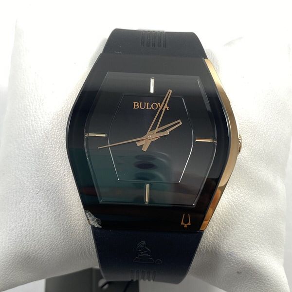 Bulova Gemini Latin Grammy Quartz Black Dial Rubber Strap Men's Watch ...