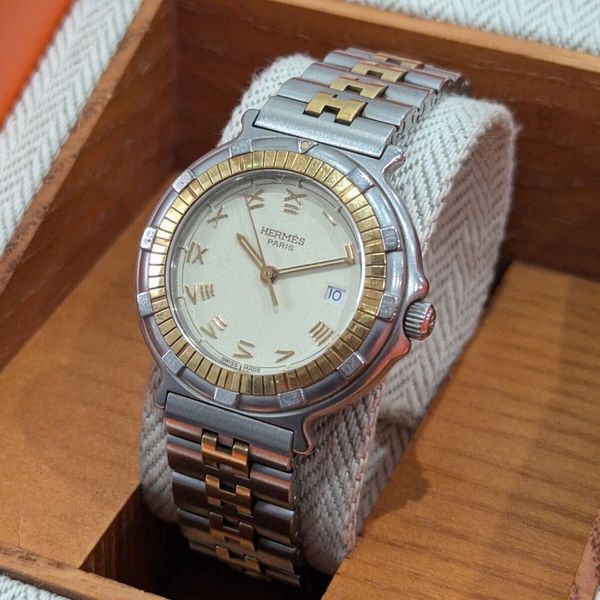 HERMES Captain Nemo Date Quartz White Gold Silver Women JUNK Authentic ...