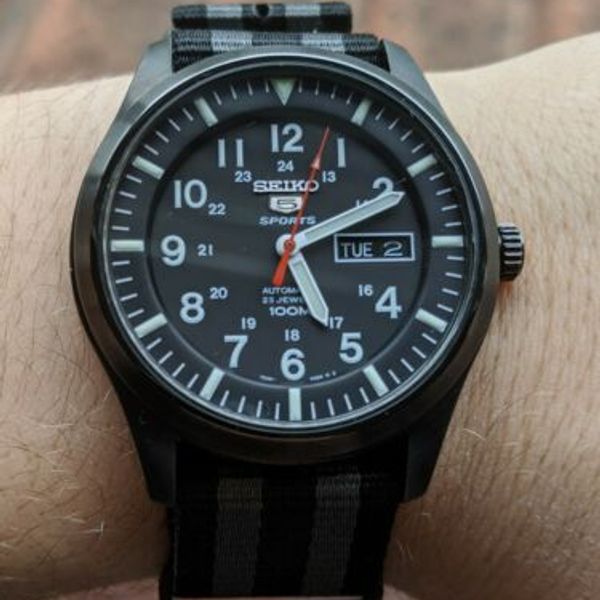 Seiko 5 Sports SNZG17 Automatic Watch Black Dial Lumed Numbers NATO ...