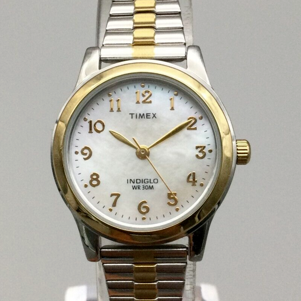 Timex Watch Women Indiglo 25mm Silver Gold Two Tone Stretch Band New ...