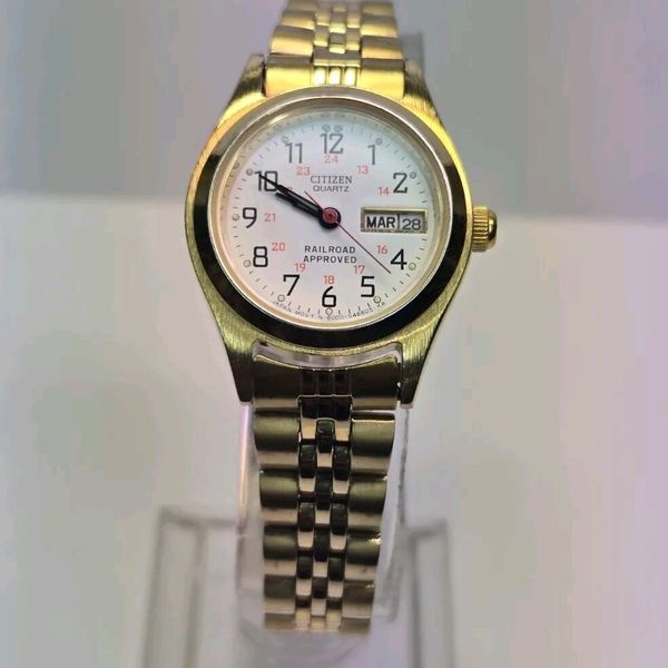 Vintage Citizen Railroad Watch Women Gold Tone Day Date New Battery ...