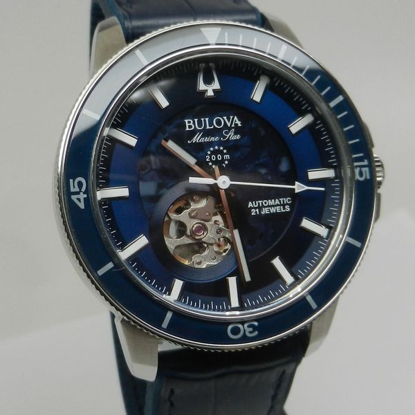 Bulova Classic Marine Star Automatic Blue Leather Strap Watch 45mm ...