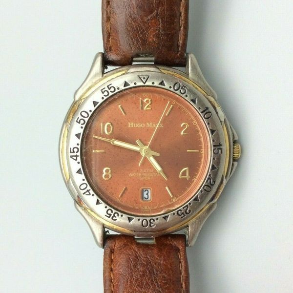 Vintage Hugo Maxx Watch Men Silver Gold Tone Brown Dial 18K Plated New ...