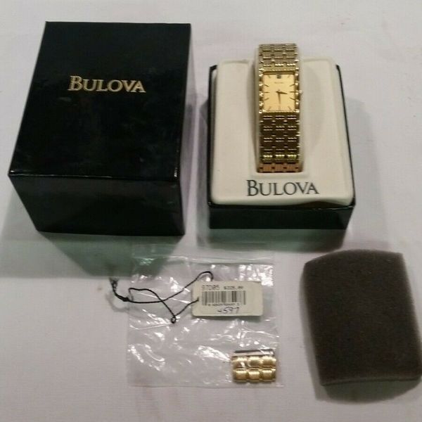 BULOVA MEN'S DIAMOND QUARTZ GOLD-TONE CHAMP DIAL DRESS RECT WATCH 97D05 ...