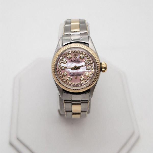 $9000 ROLEX Oyster Perpetual PINK MOP Diamond 18k Yellow Gold SS Ladies ...