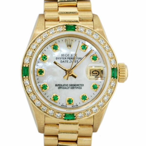 Rolex Watch Womens Datejust President 18K Yellow Gold MOP Emerlad ...