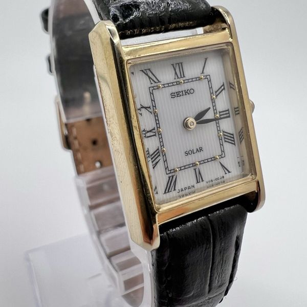 Seiko Solar Tank Watch Women Gold Tone White Dial 18mm Rectangle Petite ...